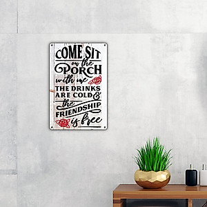 QIONGQI Funny Porch Quote Metal Tin Sign Wall Art Décor Porch Rules Wooden Style Come Sit on The Porch Sign for Home Decor Gifts