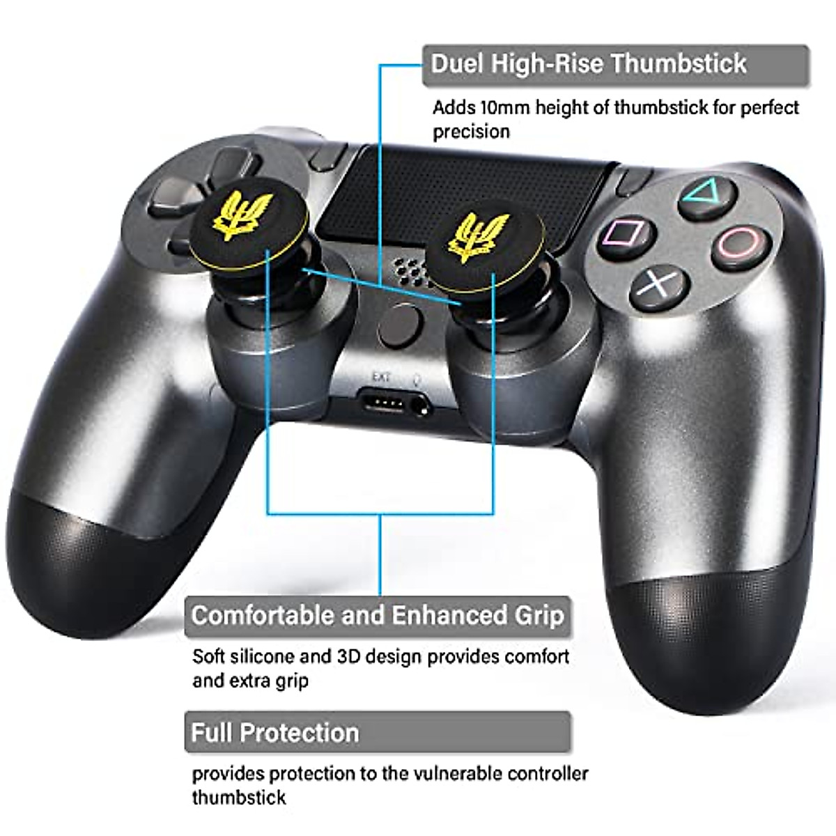Playrealm FPS Thumbstick Extender & Printing Rubber Silicone Grip Cover 2 Sets for PS5 Dualsenese & PS4 Controller (SAS Who Dares Wins)