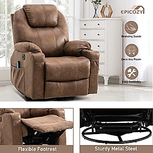 EPICOZY Manual Swivel Rocker Recliner with Heat and Vibration, 360° Swivel Glider Massage Lounge Chair, Ergonomic Single Sofa Recliner with 2 Cup Holders Side Pockets & USB Port, Brown