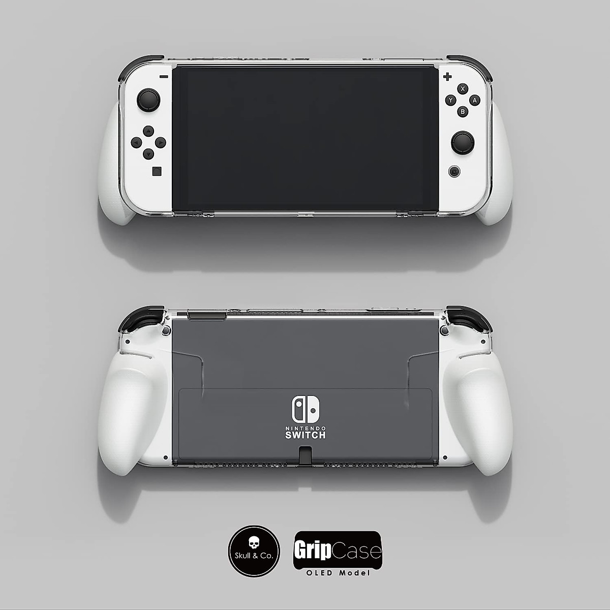 Skull & Co. GripCase OLED Bundle: A Dockable Transparent Protective Case with Replaceable Grips [to fit All Hands Sizes] for Nintendo Switch OLED Model- Neon Blue (L) Neon Red (R)