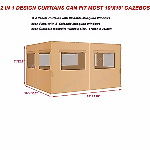Garden Sunny 10'x10' Gazebo Universal Replacement Privacy Curtains with Mosquito Windows - Closable Screen with Zipper 2 in 1 Design 4-Panels Protecting Shade Set (Only Sidewasll and Netting)- Khaki