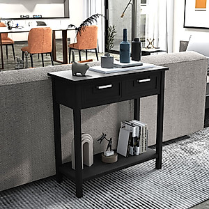 GOFLAME Console Table with Storage, Wooden Small Entryway Table with 2 Drawers, Open Storage Shelf, Rubber Wood Legs, Modern Entry Table, Narrow Sofa Table for Living Room, Hallway, Entrance (Black)