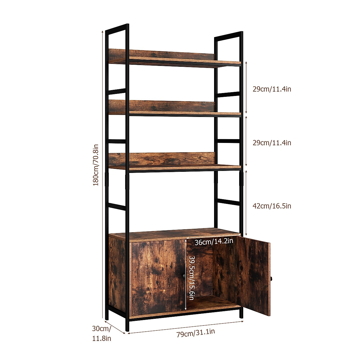 BOTLOG Industrial Bookshelf, Tall Bookshelf with Storage, Wood and Metal Shelf with Doors and Shelves Rustic Brown for Office and Living Room