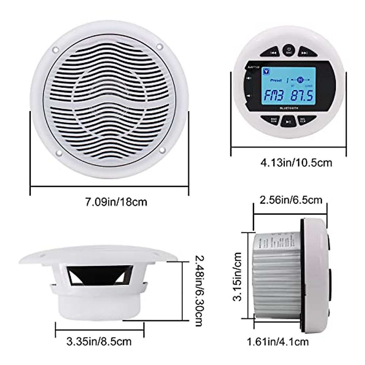 Herdio Marine Radio and Speakers Set Compatable with Bluetooth, Marine Gauge Head Unit+6.5 Inch Marine Flush Wall Mount Ceiling Speakers+Rubber Flexible Mast FM AM Antenna White