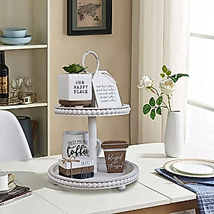 GenMous & Co. Rustic Wood Beaded 2 Tiered Tray Stand For Farmhouse Kitchen Table Decor, Rustic White Two Tiered Serving Tray For Food Fruits Cupcakes Display Coffee Bar Home Party Seasonal Decorations