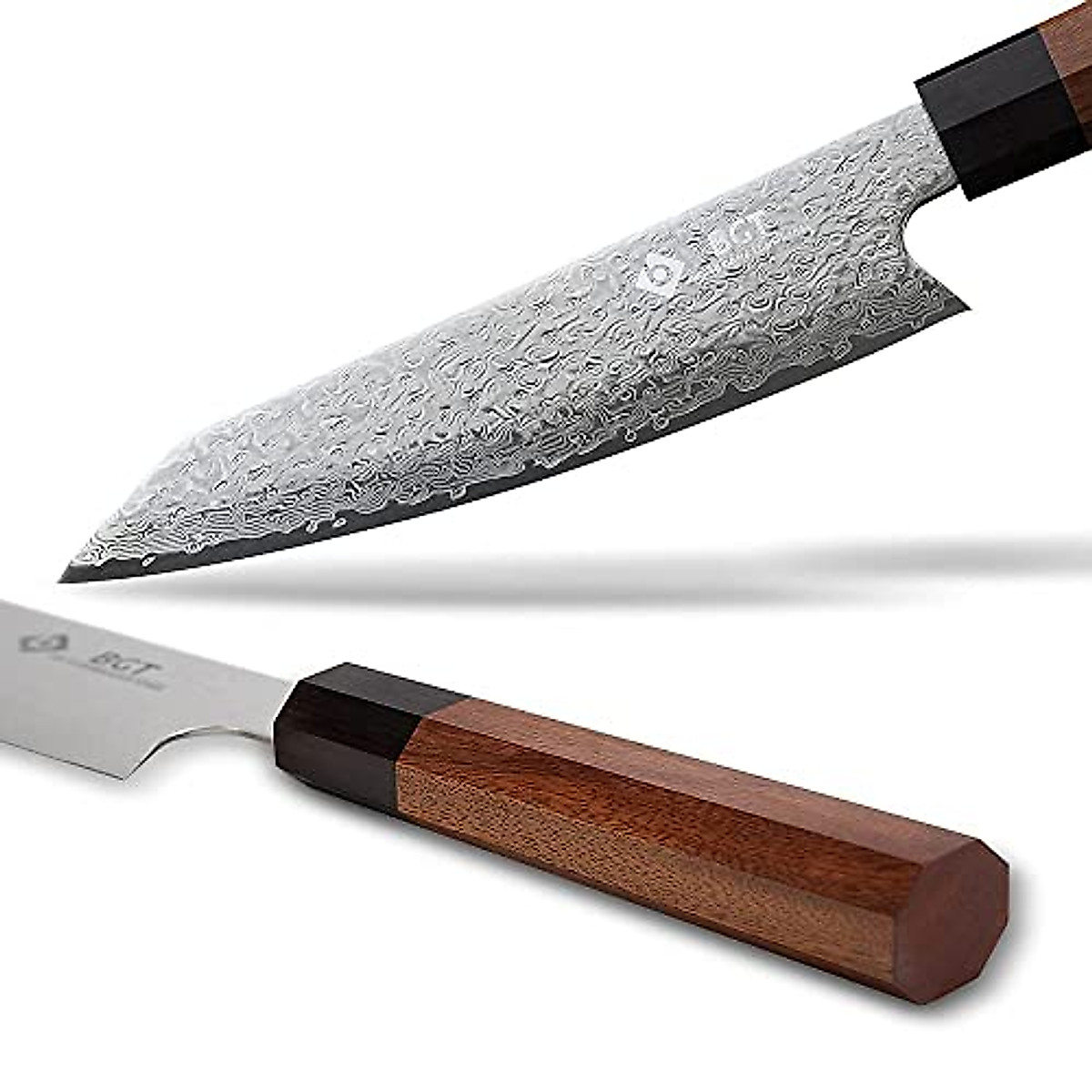 BGT Kiritsuke Chef Knife, 8 inch Damascus Kitchen Knife, Japanese 67 Layer High Grade VG-10 Damascus Steel Chef Knife with Ebony Wood Handle, with Gift Box.
