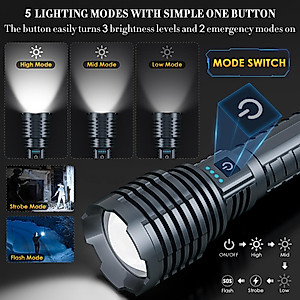 Super Bright Rechargeable Flashlights 1200000 High Lumen, Powerful LED Flashlight, IPX7 Waterproof Floodlight & Spotlight Flashlight 2-in-1 W/5 Modes for Camping, Emergency, Search & Rescue