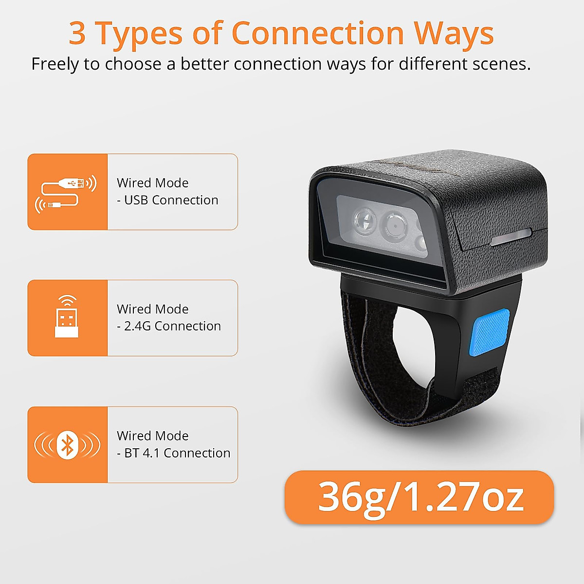 JRHC 1D 2D Bluetooth Portable Ring Barcode Scanner, Wearable Mini Barcode Reader with Wireless 2.4Ghz &Bluetooth &USB Wired 3 in 1, Connectable Windows/Mac OS/Android