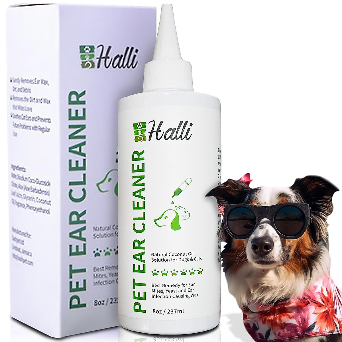 HALLI Jamaican Inspired Plant-Based Dog Ear Cleaner with Coconut Oil and Aloe Vera - Wax-Dissolving, Gentle Formula, Mild Scent - Large 8 oz Bottle