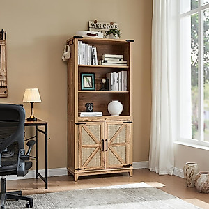 Barnyatoh Farmhouse 5 Tier Bookcase with Rattan Doors, 70" Tall Bookshelf with Storage Cabinet, Boho Wooden Furniture Bookshelves for Living Room, Home Office