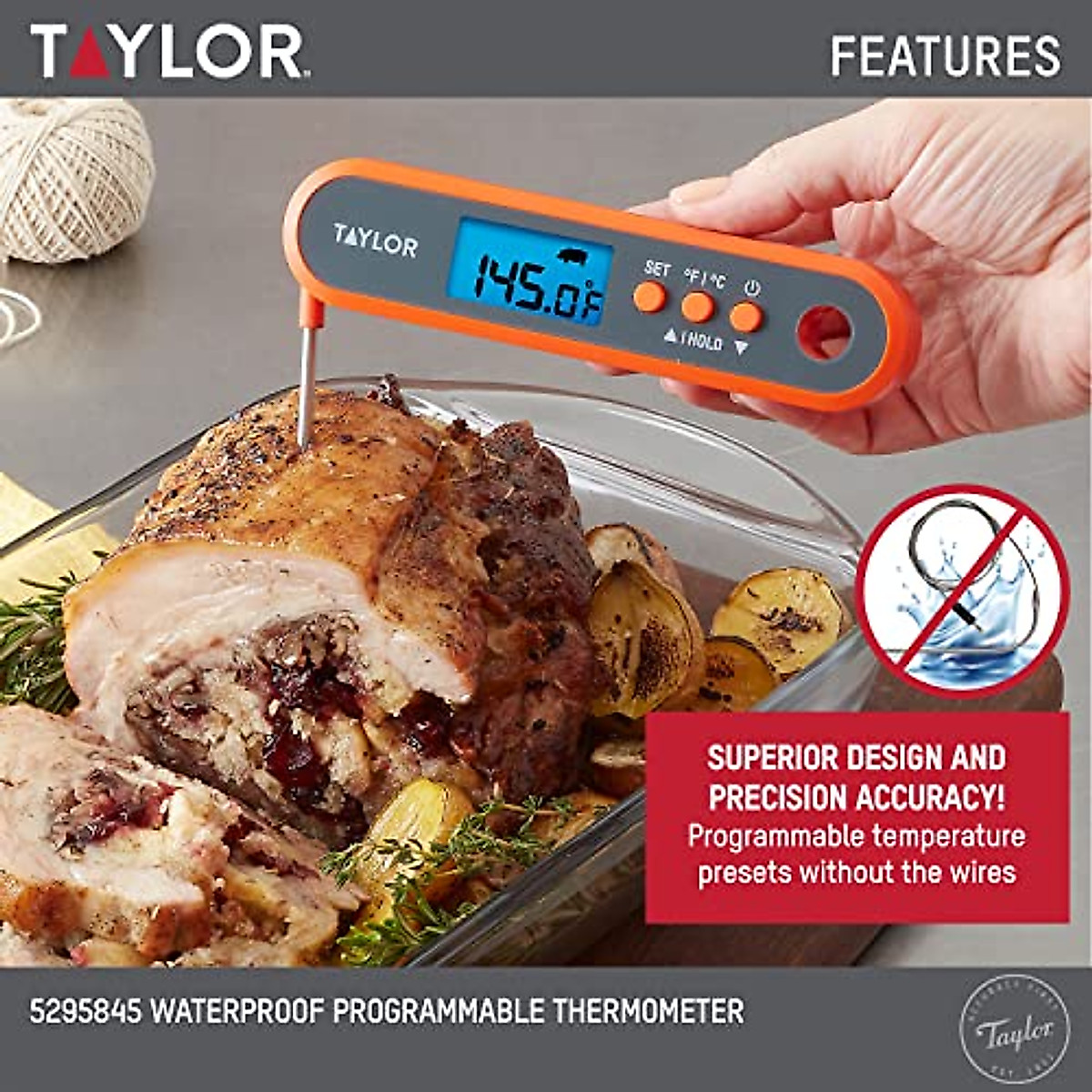 Taylor Digital Waterproof Food Meat and Candy Thermometer, with a Folding Probe, programmable presets, Backlit Display, andIncludes 2 AAA Batteries