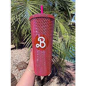 CAKEASY 2Pcs Barbi Studded Tumbler, Bling Bling Pink Barbi Cup, 24oz Barbi Land Water Bottle With Straw, Barbe The Movie Merch, Cupholder Friendly, Women Men Travel Mug for Home, Office, Outdoor
