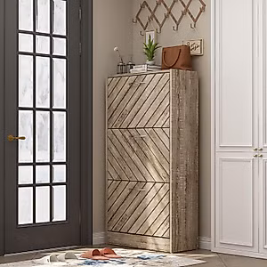 FAMAPY Modern Shoe Cabinet with 3 Flip Drawers, Freestanding Shoe Storage Cabinet, Slanted Design, Shoe Storage Organizer for Hallway Entryway Light Brown (22.4”W x 9.4”D x 42.3”H)