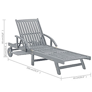 Tidyard Folding Sun Lounger with Armrest and Cushion, Garden Acacia Wood Footrest and Backrest Adjustable Chaise Lounge Chair, Gray Wooden Sunlounger for Pool Balcony Outdoor Furniture
