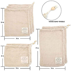 Reusable Produce Bags Organic Cotton | Home Essentials Sustainable Living, Washable Laundry, Travel Organizer, Zero Waste Biodegradable Drawstring Vegetable Mesh Grocery Bag | Set of 7 w/Tare Weights