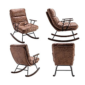 VESCASA Faux Leather Rocking Chair with Adjustable Cushioned Back, Overstuffed Nursery Rocker with Wood Arms, 22" W Lounge Glider Chair for Living Room/Bedroom/Reading, Brown