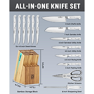 Cook N Home Kitchen Knife Set with Bamboo Storage Block 15-Piece, High Carbon Stainless Steel Blade, White