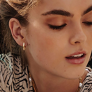 DREMMY STUDIOS Dainty Gold Carved Flower CZ Huggie Hoop Earrings for Women, 14K Gold Filled Small Chunky Thick Cuff Hoop Earrings Minimalist Jewelry