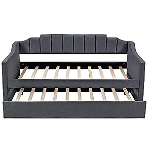 Twin Upholstered Daybed with Trundle Modern Sofa Bed Wooden Day Bed Frame for Living Room Bedroom Guest Room, Twin Size, Black