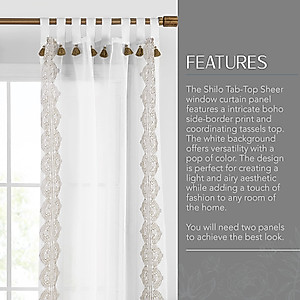 Elrene Home Fashions Shilo Sheer Boho Tab-Top Window Curtain Panel with Tassels, Linen, (52 X 84)