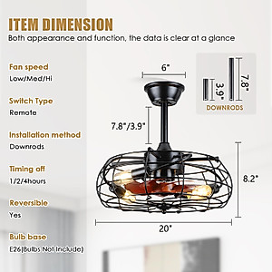 Asyko Caged Ceiling Fans with Lights - Black Outdoor Ceiling Fan with Remote and Reversible Fan Blades, Bladeless Low Profile Fan Light Fixtures for Indoor, Patios, Farmhouse(E26 Bulbs Not Included)