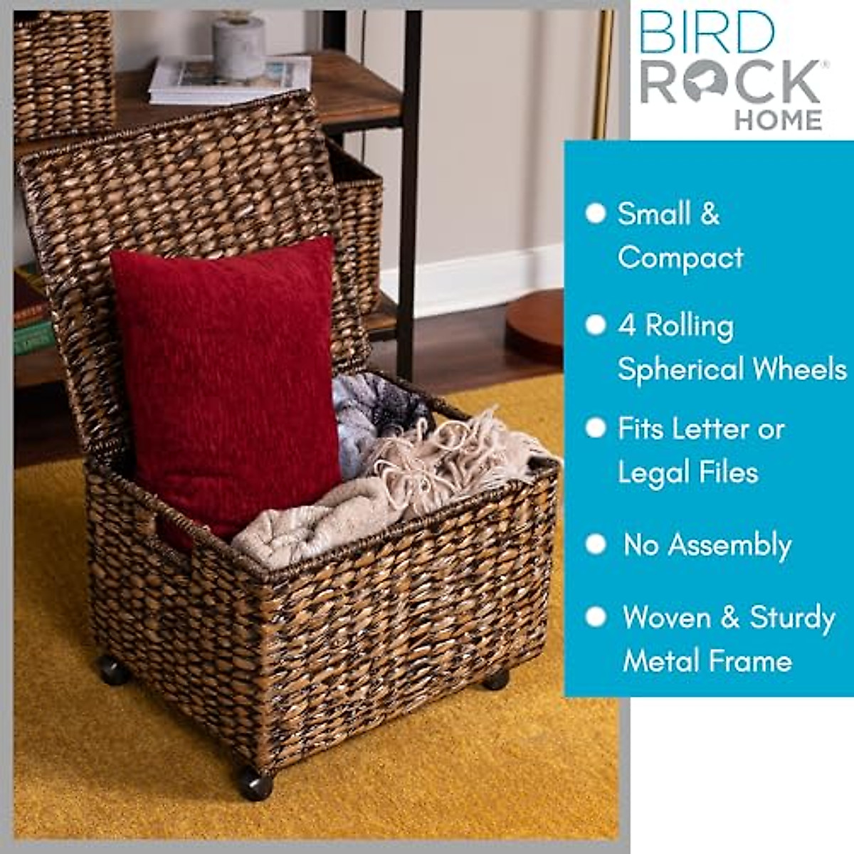 BIRDROCK HOME Rolling File Cabinet with Lid | Small Wooden Under Desk Organizer | Seagrass Basket with Wheels | Portable Home Office Filing System - Mini Decorative Box, Single Drawer, Brown Wash