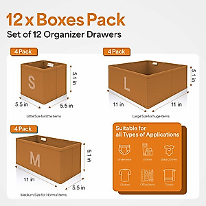 ZEFCKRON Drawer Organizer for Clothes, 12 Pack Dresser Drawer Organizer Bins, Closet Organizers and Storage Dividers for Clothing, Underwear, Socks (BEIGE) Beige Tejido