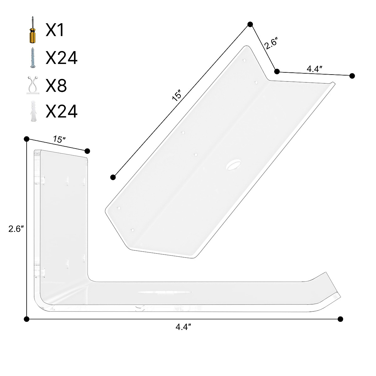 Clear Acrylic Floating Shelves 4 Pack, 15'' Wall Mounted Shelves for Bedroom, Bathroom, Living Room, Gaming Room with Free Tool and Accessories
