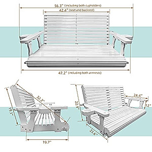 Wooden Porch Swing 2-Seater, Bench Swing with Cupholders, Hanging Chains and 7mm Springs, Heavy Duty 800 LBS, for Outdoor Patio Garden Yard, 4 FT, White