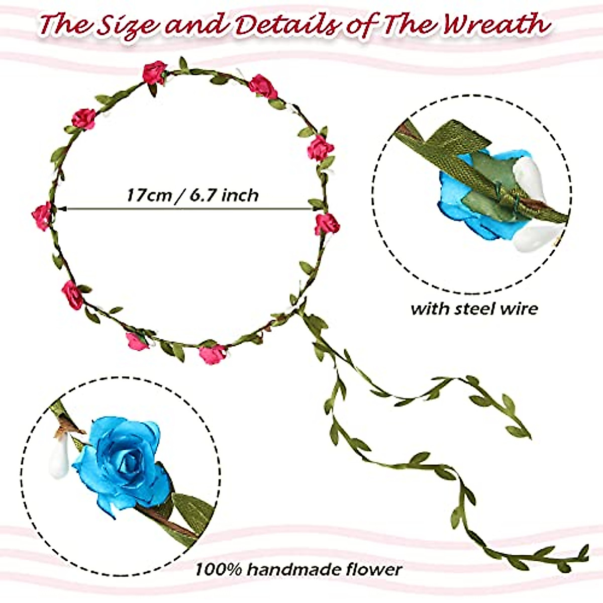 28 Pieces Colored Flower Crown Wreath Headband Floral Garland Headbands Floral Crown Wreath Headband Green Leaves Garland Headpiece for Women Girls Wedding Holiday Party