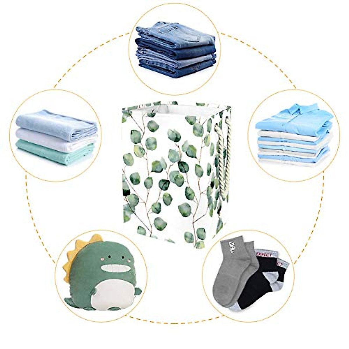 MAPOLO Laundry Basket Eucalyptus Leaves Pattern Foldable Laundry Hamper with Handles Detachable Brackets Well-Holding Waterproof for Clothes Toys Organization in Laundry Room Bedroom Bathroom
