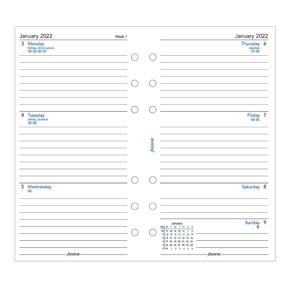 Filofax Refill, Personal/Compact Size, Week-to-View, White Paper, Ruled, English, 2022 (C68418-22)