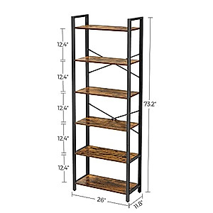 VASAGLE 6-Tier Tall Bookshelf, Large Bookcase with Steel Frame, Deep Book Shelf for Living Room, Home Office, Study, 11.8 x 26 x 73.2 Inches, Industrial Style, Rustic Brown and Black ULLS062B01