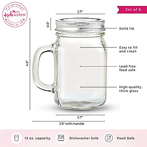 Kate Aspen 12 oz. Mason Jar Mugs With Handles & Solid Lid (Set of 6)| Kitchen Drinking Glass Cups | DIY Baby Shower Favors, Candy Jars, Rustic Wedding Decor and Party Favors