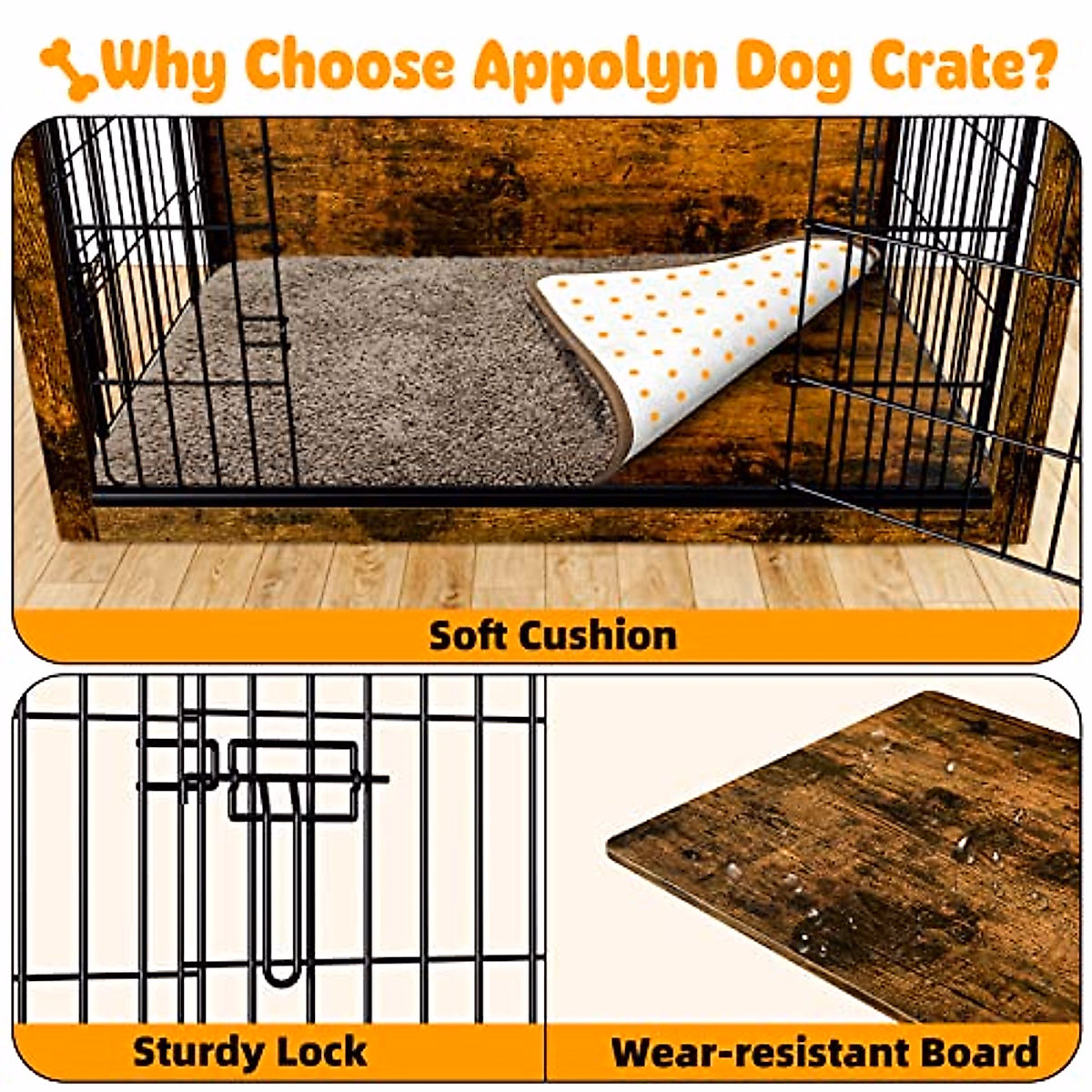 APPOLYN Dog Crate Furniture, Side End Table, Dog Crate Table with Two Doors, Wooden Indoor Dog Kennels Crates for Large Dogs Up to 65lb, 38.2"x25.6"x26.8", Vintage