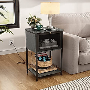 NONGSHIM Nightstand with Charging Station and USB Ports, Night Stand with Flip Drawer and Open Storage Shelf,Bedside Table for Small Spaces,Side End Table for Bedroom,Living Room-Grey