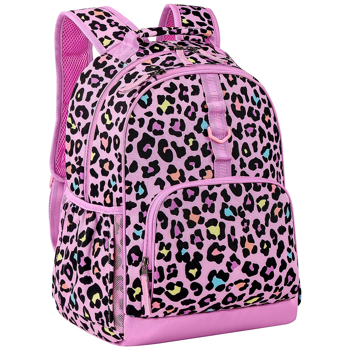 Choco Mocha Cheetah Backpack for Girls Backpack Elementary School Backpack for Kids Backpacks for Girls 17 inch Backpack for Girls 2nd 3rd Grade Leopard Bookbag School Bag 6-8 with Chest Strap Pink