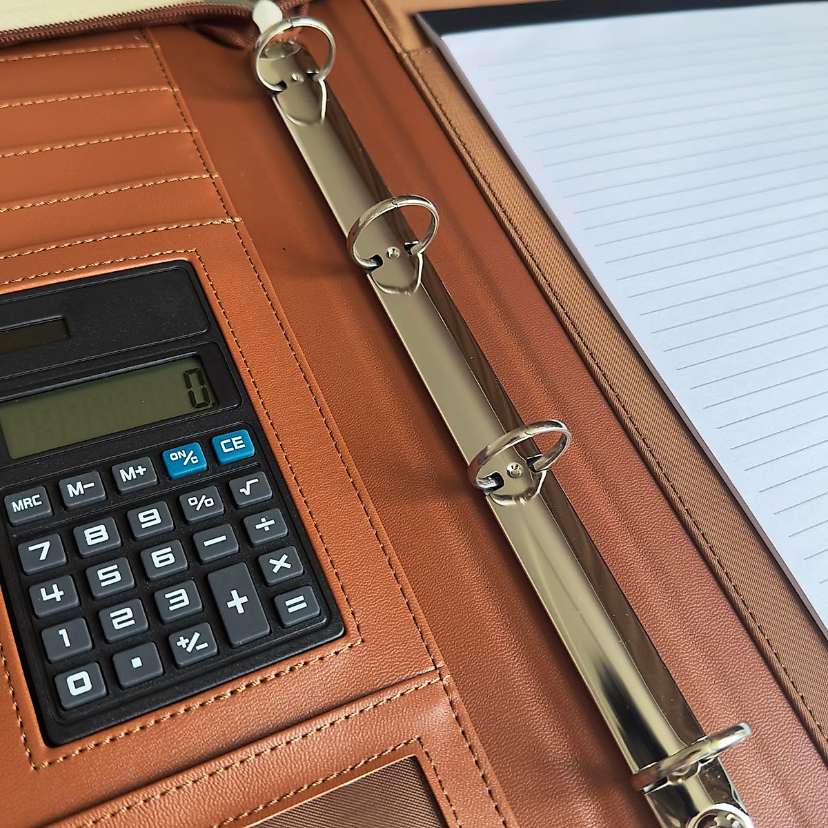 Portfolio Binder Organizer PU Leather Padfolio with 4 Ring Binder & Handle Zipper Padfolio for Documents Resume Tablet Business Cards Notebook Organizer Solar Calculator Included (Brown 4-Ring)