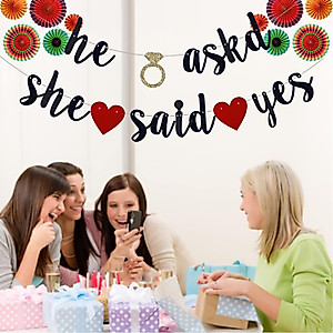 QFiesy He Asked She Said Yes Banner, Black Glitter Bride to Be Decorations, Black Glitter Bunting Sign for Engagement Bridal Shower Wedding Party. (Pre-Strung)