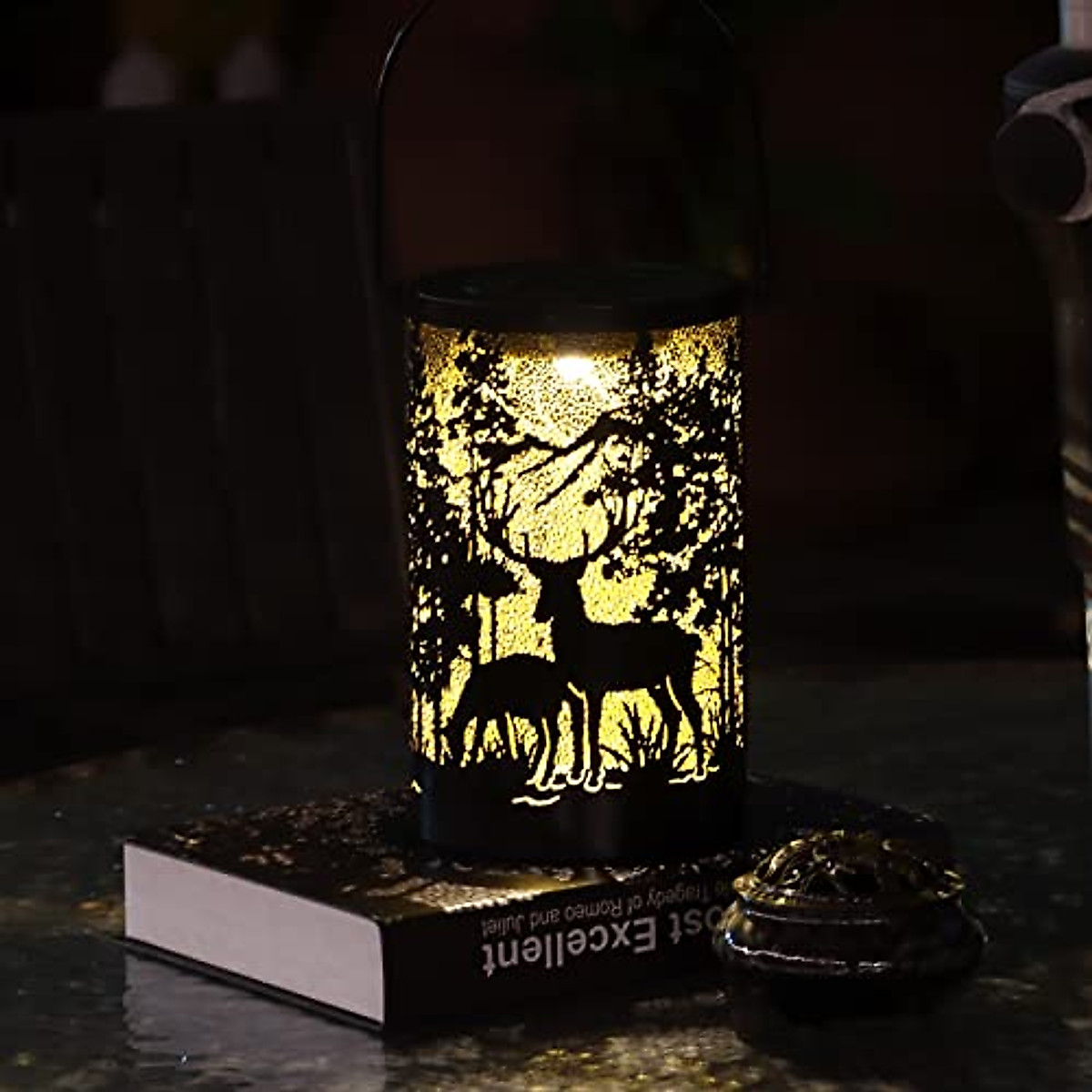 Solar Lanterns Outdoor Waterproof, Solar Hanging Lantern Lights Made of Metal Carved with Deer and Trees. LED Decorative Garden Light for Patio, Table, Pathway, Yard, Landscape