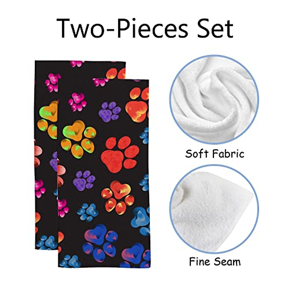 Hand Bath Towels 2 Pack Rainbow Animal Paws Print Absorbent Face Fingertip Towels for Bathroom Kitchen Gym Spa Soft Hair Drying Cloth Quick Dry, 30 x 15 Inch
