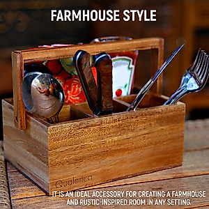 Qualerica Acacia Silverware Caddy with Handle, Rustic Utensil Holder with Handle for Farmhouse Kitchen Decor, Mulip-pose Organizer for Kitchen, Bathroom, Office, Bedroom (Four Compartments)