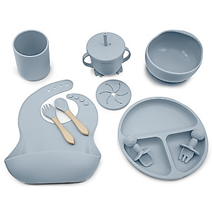 Blue Gray-10 Piece Silicone Baby Feeding Set-Baby Led Weaning Supplies-Baby Eating Supplies, Baby Plates/Toddler Plates, Bib, Sippy Cup, Baby Spoons First Stage 4 months, and Infant Silicone Fork