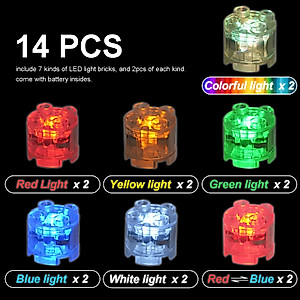 Light Up Bricks Accessories Kits, 2x2 Classic Transparent LED Light Brick Pack, 14 Pieces Parts Building Blocks Set Toys