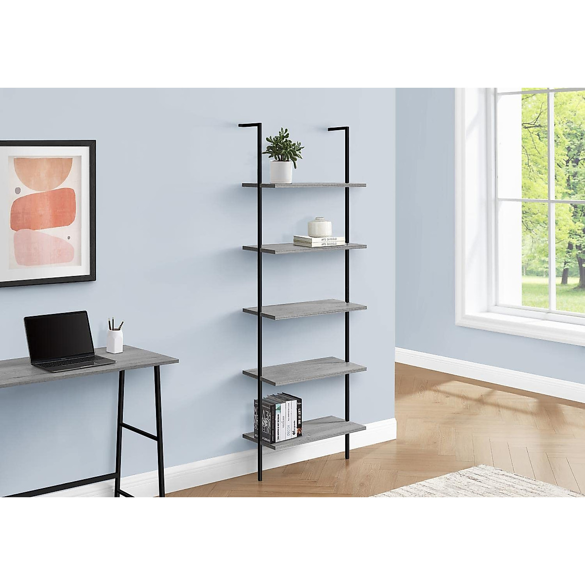 Monarch Specialties I 3681 Bookshelf, Bookcase, Etagere, Ladder, 5 Tier, 72" H, Office, Bedroom, Metal, Laminate, Grey, Black, Contemporary, Modern