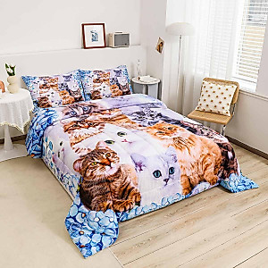 Feelyou Kawaii Animals Cute Comforter Twin Bedding Sets for Girls, Cartoon Cat Toddler Bedding Set Boys Soft Warm Comforter Set Cat Lovers Animal Decor Bedroom 1 Comforter + 1 Pillowcase,All Seasons