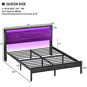 Homieasy Queen Size Bed Frame with Charging Station and Led Lights, Industrial Metal Platform Bed with Storage Headboard, Steel Slat Support, No Box Spring Needed, Noise-Free, Easy Assembly, Black Oak
