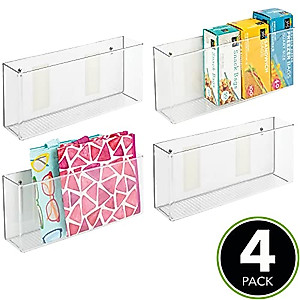 mDesign Plastic Adhesive Mount Storage Organizer Container for Kitchen or Pantry Wall Organization - Space Saving Holder for Sandwich Bags, Foil - 16" Wide - Ligne Collection - 4 Pack - Clear