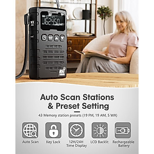 NOAA Weather Radio - Rechargeable NOAA/AM/FM Emergency Radio, Portable Pocket Radio, Longest Playtime, Best Reception, Digital Tuning, Auto Scan&Preset Function, Time Display, Mono Headphone Socket