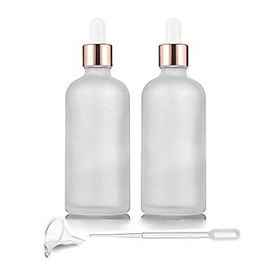 2 Pack 100ml/3.4 Oz,White Frosted Glass Dropper Bottle for Essential Oils,Empty Glass Liquid Holder With Pure Eye Dropper,Rose-Golden Caps Travel Perfume Cosmetic Container-Pipette&Funnel Included